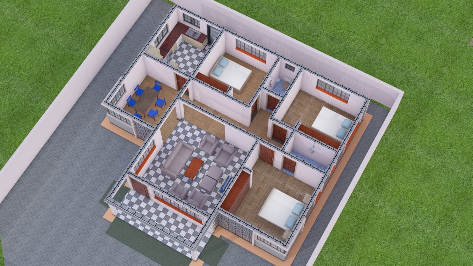 Hidden Roof 3 Bedroom House Plan - ID 121 - Nyolenju
